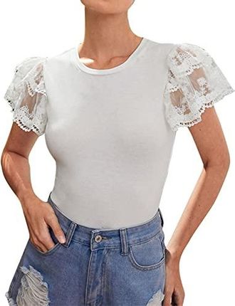 Janly T-shirt noir simple pour femme col rond en dentelle &agrave; manches courtes pour les tenues d&eacute;t&eacute; d&eacute;contract&eacute;es look d&eacute;contract&eacute; femme col en V avec manches 