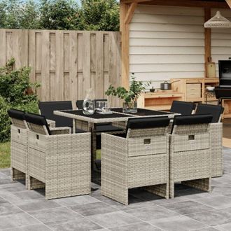 vidaXL Vidaxl - Ensemble &agrave; manger de jardin et coussins 9 pcs gris clair rotin