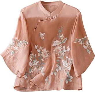 Generic Chemisier en mousseline pour femme - Chemisier d&eacute;t&eacute; &agrave; manches courtes - T-shirt m&eacute;di&eacute;val - Manches 3/4 - Tunique en lin - L&eacute;ger - Col en V - &Eacute;l&eacute;gant -