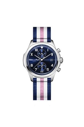 Eden Park Montre &Agrave; Quartz Chronographe Fond Bleu Bracelet Nato Ray&eacute; Tricolore