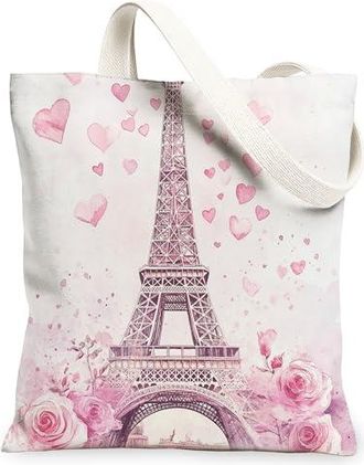 Generic Sacs fourre-tout en toile &agrave; motif floral parisien, motif coeur et tour de Paris, sacs d&eacute;picerie r&eacute;utilisables, l&eacute;gers et lavables, pour voyage, magasi