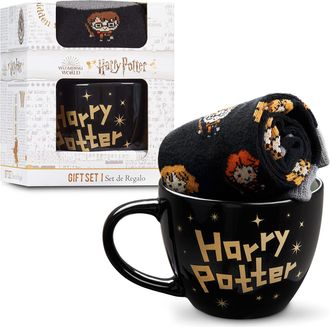 Harry Potter Tassen-Geschenkset, Kuschelige Damen Socken & Keramik Tasse, Geschenke für Frauen & Teenager (Schwarze Tasse und Socken, Tasse: 325 ml, Socken, 35/40 