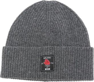 Msgm Msgm, Homme, Accessoires, Gris, Taille: ONE Size Bonnet c&ocirc;tel&eacute; avec logo rose