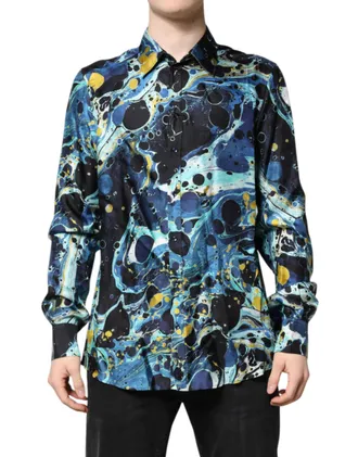 Dolce & Gabbana Mens Blue Marble Print Martini Dress Formal Shirt Silk