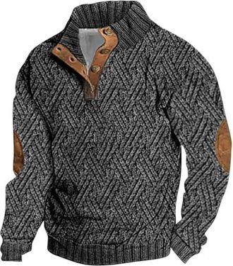 Generic Pull en tricot à chevrons pour homme - Col haut boutonné - Chaud - Coude - Pull chaud pour homme - Tricot torsadé - Doux - Hiver - Pull décontracté po