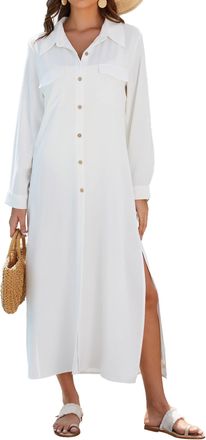 Bsubseach Damen Bademode Cover Ups Langarm Knopf Hemdkleid Strand Cover Up Kimono Beachwear Urlaub Weiß XXL