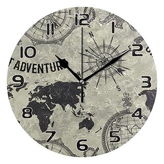 TropicalLife COZYhome Horloge murale moderne vintage avec boussole et carte du monde - Silencieuse - Fonctionne &agrave; piles - Pour salon, chambre, cuisine, bureau, &eacute;co