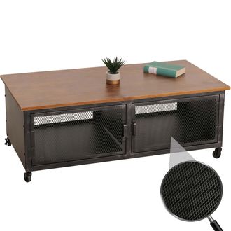 Mendler Couchtisch HWC-N28, Sofatisch, Rollen 2 F&auml;cher, 3D-Struktur Industrial Retro Metall Holz 45x120x60cm - schwarz, braun