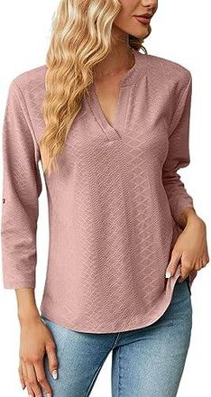 Generic Haut uni à manches courtes pour femme - Facile à porter - Automne et hiver - Couleur unie - Col en V - Manches trois quarts - T-shirt ample pour femme