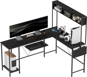 HOMCOM Bureau dangle modulable réversible, Bureau avec Rangement 160-240 cm Style Industriel - Prise et Port USB, étagères de Rangement et Plateau Clavier, B