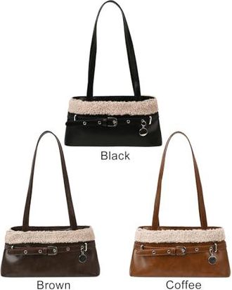 Generic Sac &agrave; bandouli&egrave;re en laine dagneau PU pour femmes avec boucle de ceinture, sac &agrave; main &agrave; usage quotidien (noir)