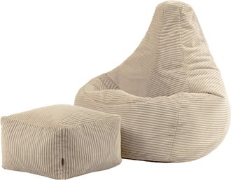 Icon Brand Dalton Sitzsack mit Hocker Cord, Beige, Gaming Sitzsack Erwachsene mit F&uuml;llung, Bean Bag, Cord Sessel, Lounge Sessel, Lounge Stuhl, Schlafzimmer, Wohn