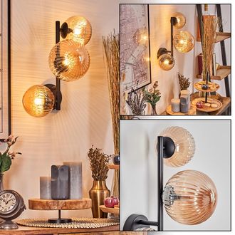HOFSTEIN Wandleuchte Chehalis, Wandlampe aus Metall/Riffelglas in Schwarz/Bernsteinfarben, Leuchte im Retro/Vintage-Design (&Oslash; Schirme 12; 15 cm), G9, Wohnzimme