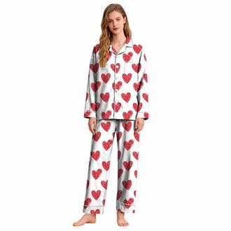 Generic Ensemble de pyjama 2 pi&egrave;ces en satin de soie pour femme - Imprim&eacute; coeur - Chemise &agrave; manches longues et pantalon - V&ecirc;tement de d&eacute;tente ample et confort