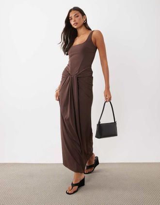 Asos robe longue moulante fluide avec jupe par&eacute;o chocolat-Marron