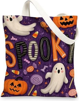 Generic Sacs fourre-tout effrayants en toile, motif fantôme et citrouille, sacs réutilisables, amusants et légers en toile lavables pour fête, Violet, 13x15 I