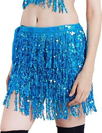 Generic Bkazwe Jupe Courte &agrave; Sequins et Franges Tenue Festival Coachella Jupe Danse Orientale &agrave; Paillettes Vibrantes - &Eacute;charpe Hanche R&eacute;glable Festival - Tenu
