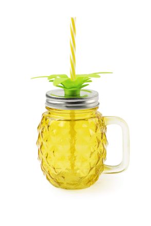 Excelsa Bicchiere/Mug con Cannuccia Tropical Becher mit Strohhalm, Glas, gelb