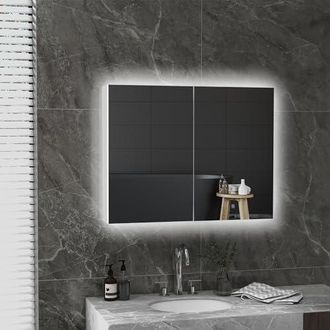 Kleankin Armoire Murale Miroir avec &eacute;clairage LED de Salle de Bain 2 en 1,3 Niveaux &eacute;tag&egrave;res &agrave; Hauteur r&eacute;glable, Meuble 2 Portes, dim. 90L x 15l x 70H cm Blanc