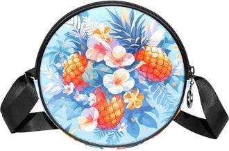 Generic Sac &agrave; bandouli&egrave;re rond pour femme, motif fleurs dananas avec fermeture &eacute;clair, bretelles r&eacute;glables, sac &agrave; main rond d&eacute;contract&eacute; pour femmes et filles