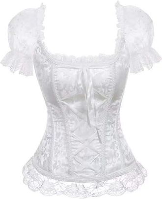 Minetom Femme Corset De Dentelle Bustier Gothique Chemisier avec Col Carré Et Manches Courtes Vintage Victorienne Blouse Haut Rétro A Blanc L