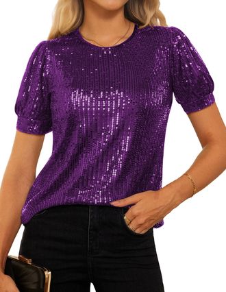 Grace Karin Damen Party Tops Cocktail Pailletten Top Kurzarm Glitzer Shirt Rundhals Kurze &Auml;rmel Dunkelviolett XXL