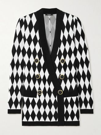 Balmain Doppelreihiger Blazer Aus Jacquard-strick Mit Rautenmuster - Wei&szlig;