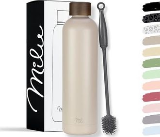 Milu Gourde Isotherme INOX 1L - Bouteille &Eacute;tanche sans BPA - Sport Bouche Standard Inclus Brosse Nettoyage (Beige, 1000ml)