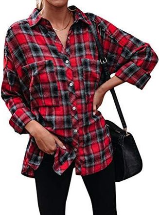 Onsoyours Femmes Chemisier Rayures Carreaux Surchemise en Laine Chemisier Carreaux Femme Chemise Bucheron Ecossaise Blouse Gilet T Shirt Casual Vintage (XXL, Ro