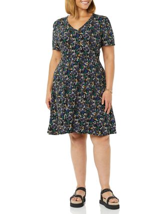Amazon Essentials Damen Ausgestelltes Kurzarm-Kleid Mit V-Ausschnitt Und Geraffter Passform, Schwarz Streublumen, XXL