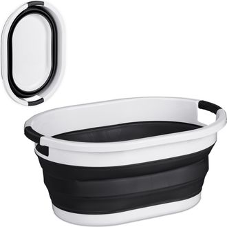 Relaxdays Wäschekorb faltbar, 36 Liter, Wäschewanne Kunststoff, platzsparend zusammenklappbar, mit Griffen, schwarz/weiß