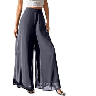 Generic Robe de plage en mousseline de soie pour femme, pantalon palazzo &agrave; jambes larges, fluide, l&eacute;ger, long, tendance, pantalon d&eacute;contract&eacute;, gris, XXL