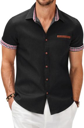 Coofandy Herren Jeanshemd Kurzarm Sommerhemd Freizeithemd Slim Fit Baumwolle Kurzarmhemden M&auml;nner Vintage Herrenhemden Button Down Shirt Schwarz XXL