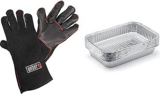 Weber 17896 Leder-Grillhandschuh, schwarz, 2 Stück (1er Pack) & 6415 Small 7-1/2-Inch-by-5-inch Aluminum Drip Pans, Set of 10