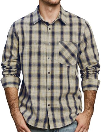 JOGAL Herren Kariertes Hemd Langarm Regular Fit Trachtenhemd Button Down Baumwolle Freizeithemd mit Tasche Beige XX-Large