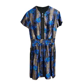 Christopher Kane Blue Floral Silk Zp Front Dress Size M