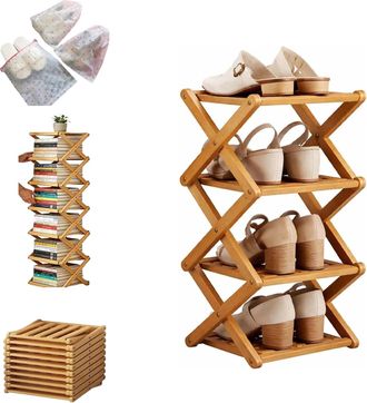 Generic 9-St&ouml;ckiges Bambusregal, 9-St&ouml;ckiges Bambusregal Ohne Montage, Faltbarer Platzsparender Schuhorganizer, Vertikale Schlanke Schuhaufbewahrung Mit 2-10 