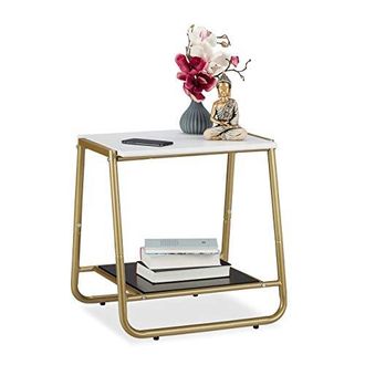 Relaxdays Beistelltisch, eckiger Couchtisch, Metall & MDF, 2 Ebenen in Schwarz & Weiß, HBT 50,5 x 49,5 x 40 cm, gold