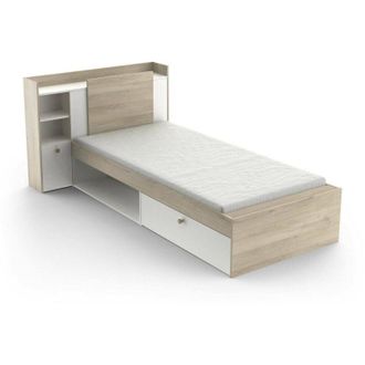 Dmora Einzelbett Agout, Struktur des Lagerbetts, Sommier mit Abdeckung, Bettrahmen aus Stoff, 227x125 h91 cm, Eiche und Mattwei&szlig; - Dmora