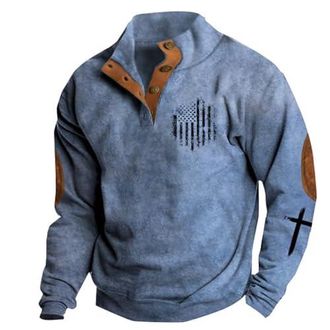 Generic Pull Vintage Homme Drapeau Am&eacute;ricain Croix Chr&eacute;tienne - Col Henley Boutonn&eacute; Patch Coude Renforc&eacute; Manches Longues, Sweatshirt Graphique Unique pour Sty