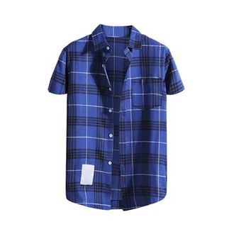 Generic Chemise &agrave; manches courtes pour homme, chemise &agrave; carreaux grande taille, chemise d&eacute;t&eacute; l&eacute;g&egrave;re, haut &agrave; carreaux &agrave; revers respirant, haut boutonn&eacute; r&eacute;tro, 