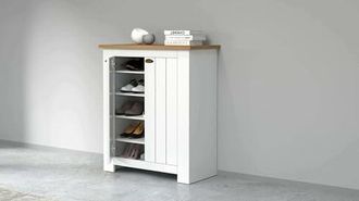 Dmora Schuhregal Tonio, platzsparendes Schuhregal mit 2 T&uuml;ren, multifunktionale Eingangsgarderobe, 84x42h100 cm, Wei&szlig; und Eiche