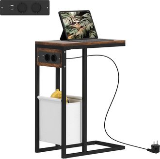 HOMCOM Beistelltisch Couchtisch in C-Form mit Tragetasche, Industrie Nachttisch mit USB-Anschlüssen, Steckdosen für Wohnzimmer, Schlafzimmer, Rustikal-Braun