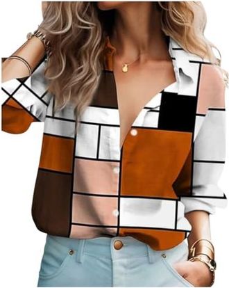 Minetom Chemisier Femme El&eacute;gant Col en V Manches Longues Imprim&eacute; Chemise &Eacute;t&eacute; Bouton Blouse Casual Travail Bureau Tunique Shirt Haut Tops C Kaki M