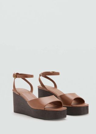 Mango Sandales cuir talon compens&eacute; marron moyen - Femme - 35 - MANGO