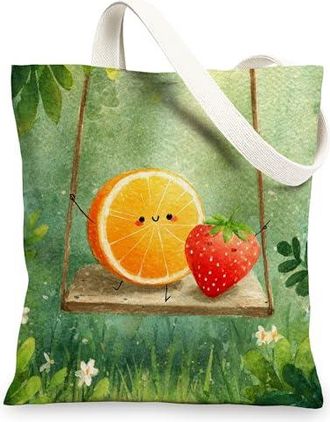 Generic Sacs fourre-tout en toile motif de fraises oranges, sacs de courses réutilisables, nature fantaisie, léger, lavable à lépaule, vert, 13x15 Inch