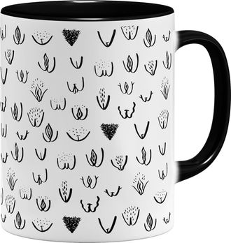 OM3 witzige Doodle Kaffeetasse mit Vaginas Vulva - Muschi Tasse Mumu-Muster - Keramik Becher - 11oz 325ml - Rundumdruck - Schwarz