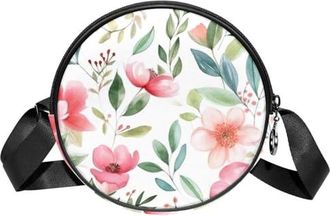 Generic Petit sac &agrave; bandouli&egrave;re circulaire pour femme, motif feuilles florales, sac &agrave; dos avec fermeture &eacute;clair, bretelles r&eacute;glables, sac &agrave; main rond d&eacute;contra