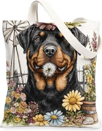 Generic Spring Rottweilers Sac fourre-tout en toile r&eacute;utilisable pour faire du shopping 33 x 38,1 cm, motif chiot de campagne de ferme, sac d&eacute;picerie pour fem