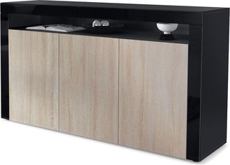 Vladon Sideboard Valencia, Made in Germany, Kommode mit 3 T&uuml;ren und 1 offenem Fach, Schwarz matt/Eiche s&auml;gerau/Schwarz Hochglanz (155 x 92 x 40 cm)